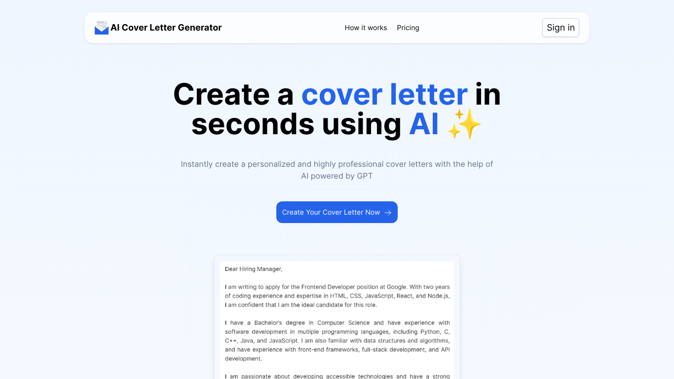 AI Cover Letter Generator Demo | Create a cover letter in seconds using AI - AI Demos