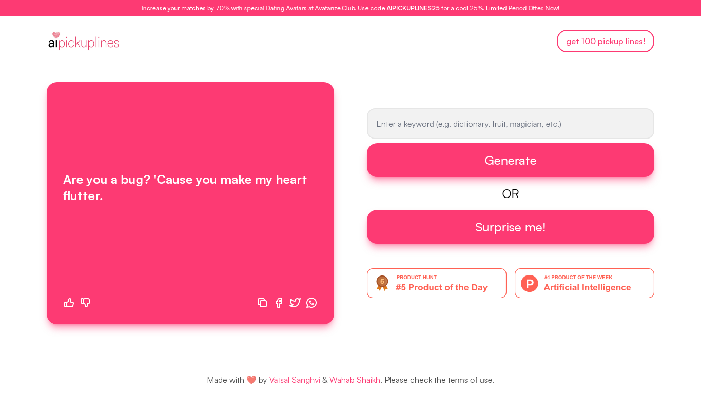 AIpickuplines Demo | Discover the funniest and most effective pickup lines - AI Demos
